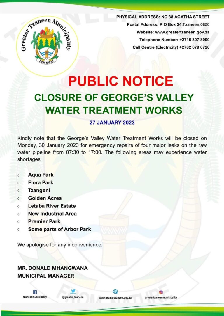 CLOSURE OF GEORGE’S VALLEY WATER TREATMENT WORKS – Mopani Times