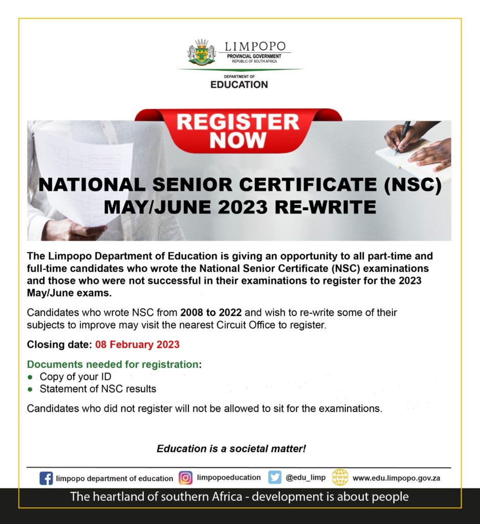 REGISTER NOW FOR NSC MAY/JUNE 2023 RE-WRITE – Mopani Times