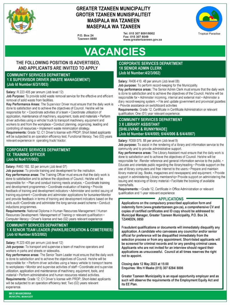 GREATER TZANEEN MUNICIPALITY VACANCIES FOR TRAINING OFFICER, LIBRARY ...