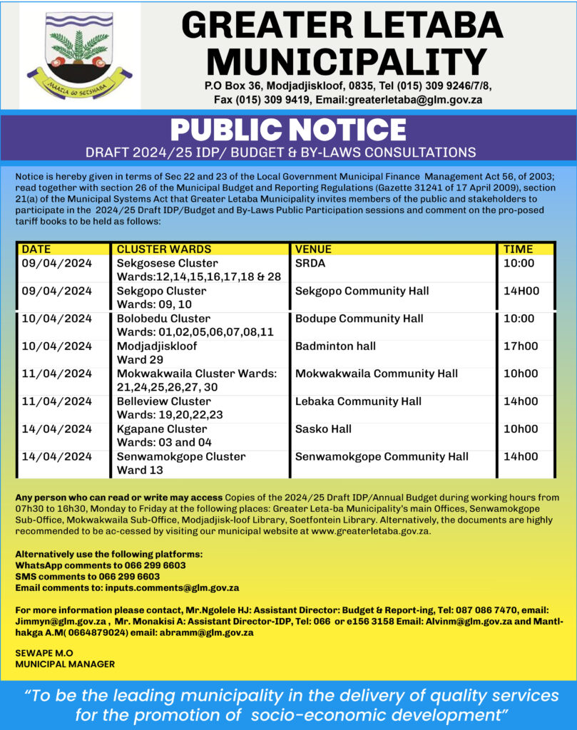 GREATER LETABA MUNICIPALITY 2024/25 DRAFT IDP/BUDGET AND BY-LAWS PUBLIC ...