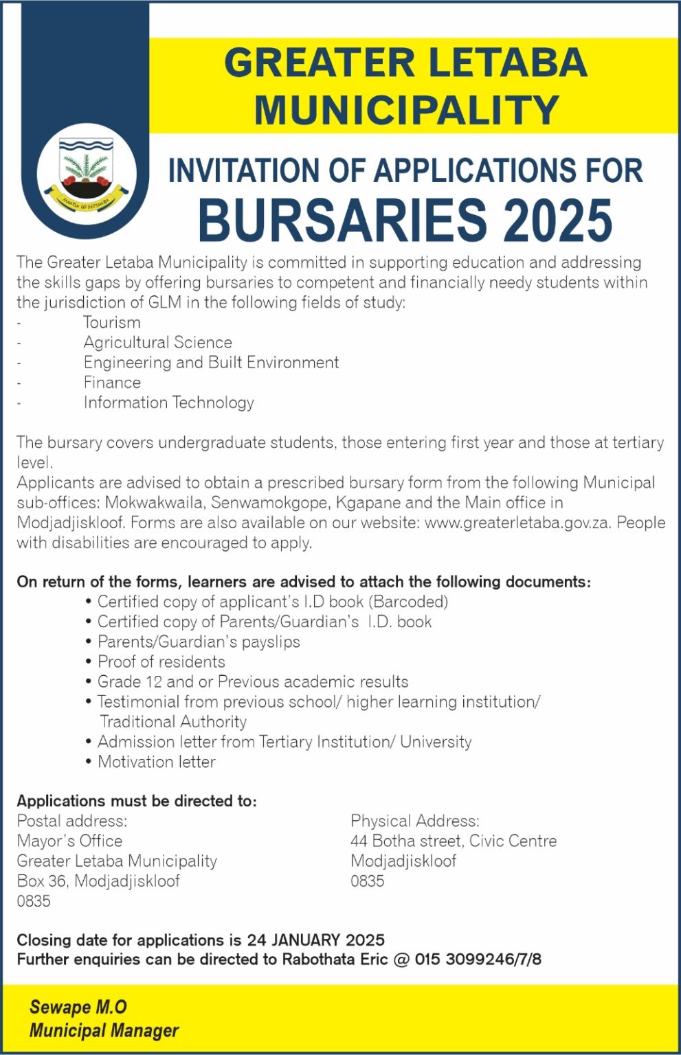 GREATER LETABA MUNICIPALITY INVITES APPLICATIONS FOR BURSARIES 2025 ...