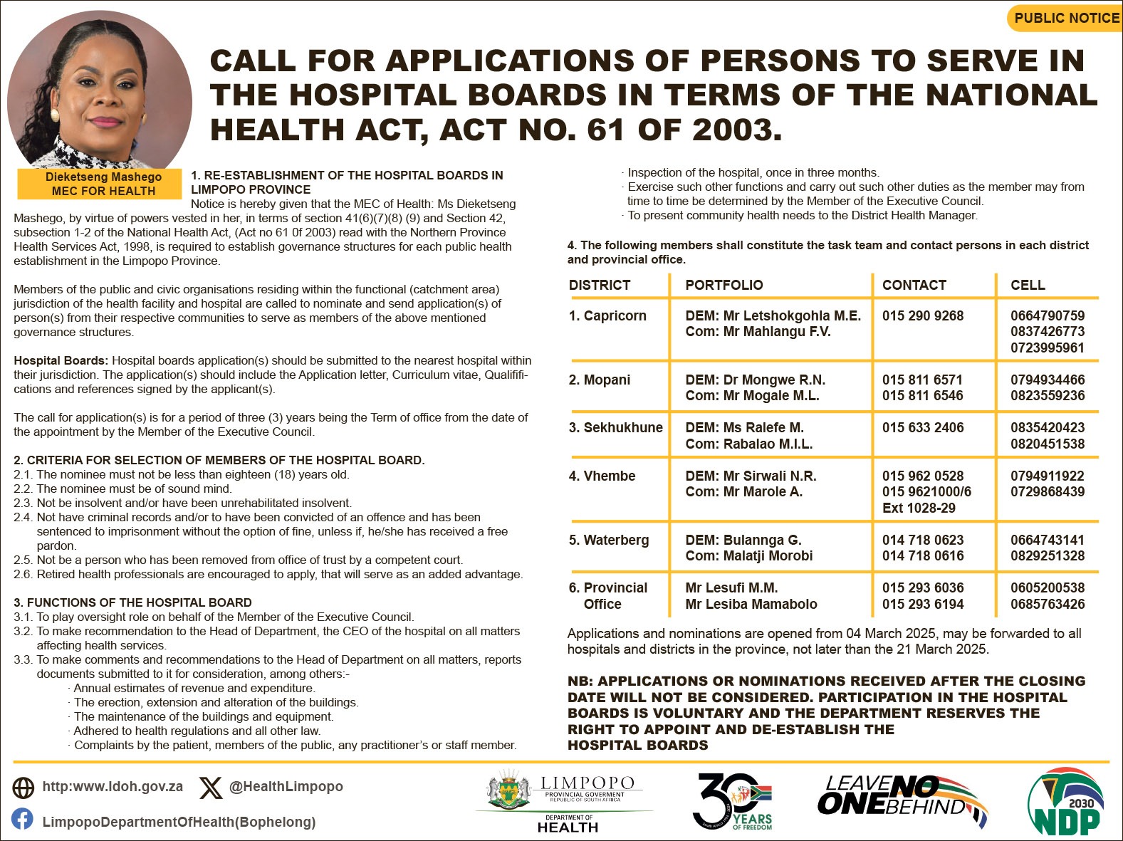 CALL FOR APPLICATIONS OF PERSONS TO SERVE IN THE HOSPITAL BOARDS ...